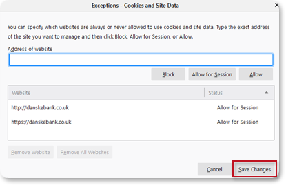 How to allow the use of session cookies in a browser
